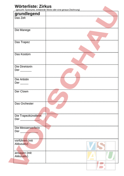 Arbeitsblatt: Wörterliste Zirkus - Deutsch - Wortschatz