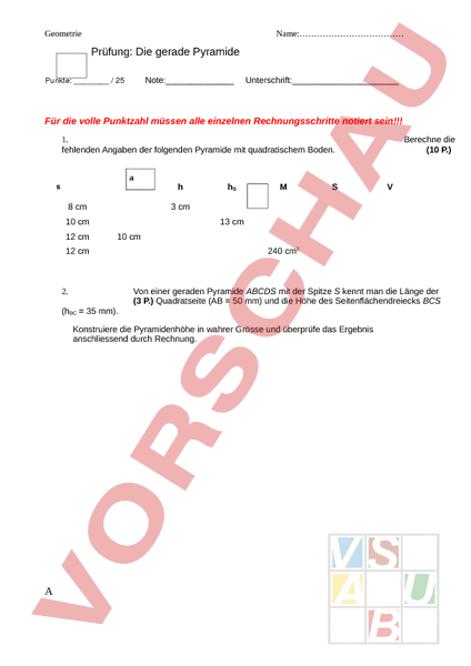 Arbeitsblatt: die gerade Pyramide - Geometrie - Körper / Figuren