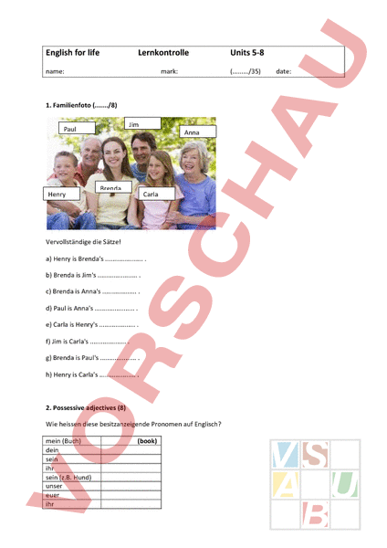 Arbeitsblatt: Englisch for life Test Unit 5-8 - Englisch - Lehrmittel
