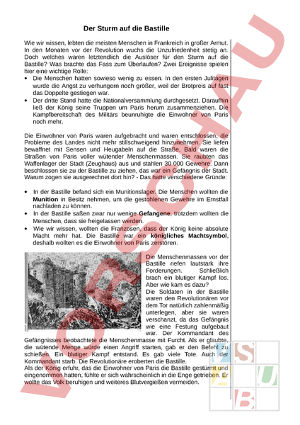 Arbeitsblatt: Textarbeit - Sturm auf die Bastille - Geschichte - Neuzeit