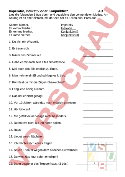 Arbeitsblatt: Imperativ, Indikativ oder Konjunktiv? - Deutsch - Grammatik