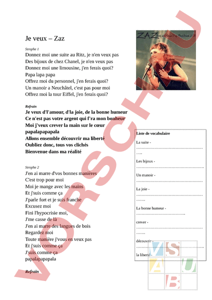 Arbeitsblatt: Chanson Je veux - Zaz - Französisch - Anderes Thema