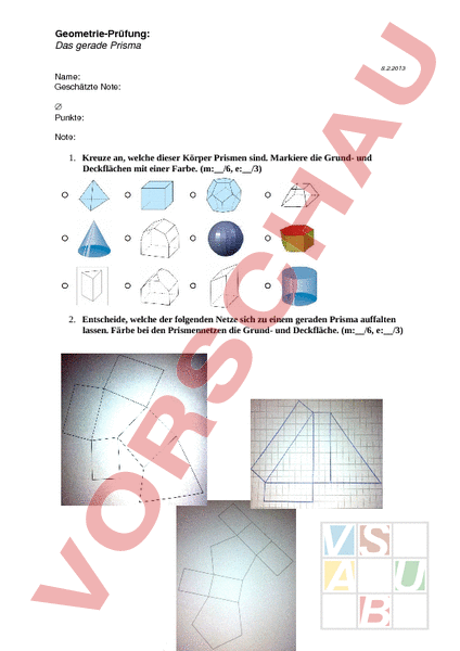 Arbeitsblatt: Das gerade Prisma Prüfung - Geometrie - Körper / Figuren