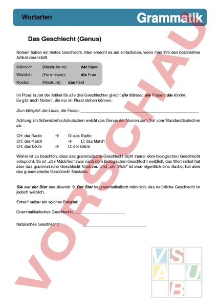 Arbeitsblatt: Genus des Nomens - Deutsch - Grammatik
