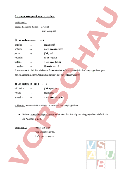 Arbeitsblatt: Das passé composé mit « avoir » - Französisch - Grammatik