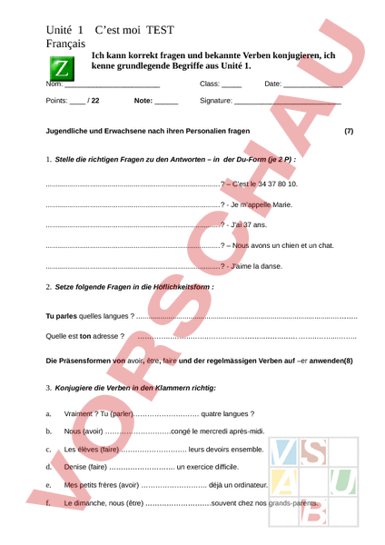 Arbeitsblatt: envol7 unité 1 Test - Deutsch - Lehrmittel