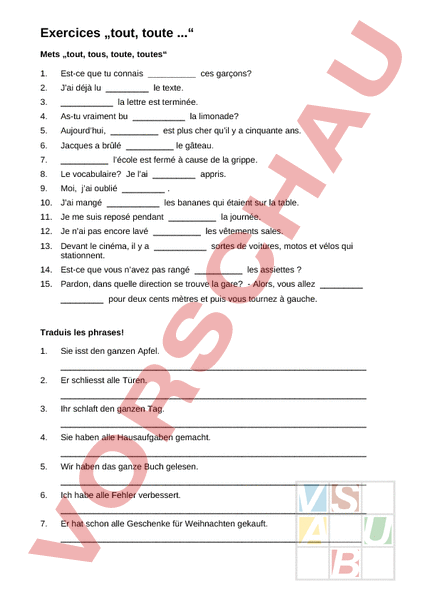 Arbeitsblatt: Exercices zu tout, toute ... - Französisch - Grammatik