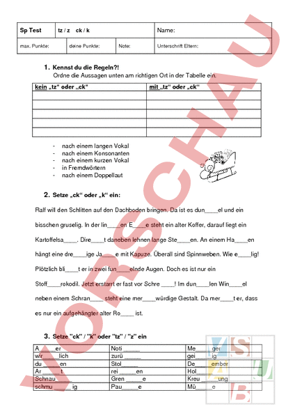 Arbeitsblatt: tz / z ck / k - Deutsch - Grammatik