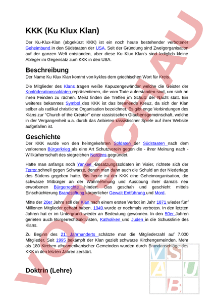 Arbeitsblatt: Ku Klux Klan - Geschichte - Neuzeit