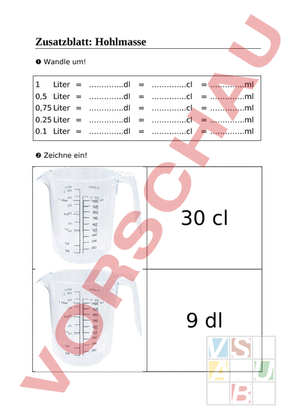 Arbeitsblatt: Hohlmasse (l, dl, cl, ml) - Mathematik - Mengenlehre