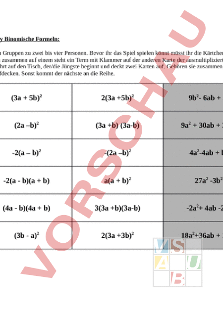 Arbeitsblatt: Binomische Formeln - Mathematik - Multiplikation