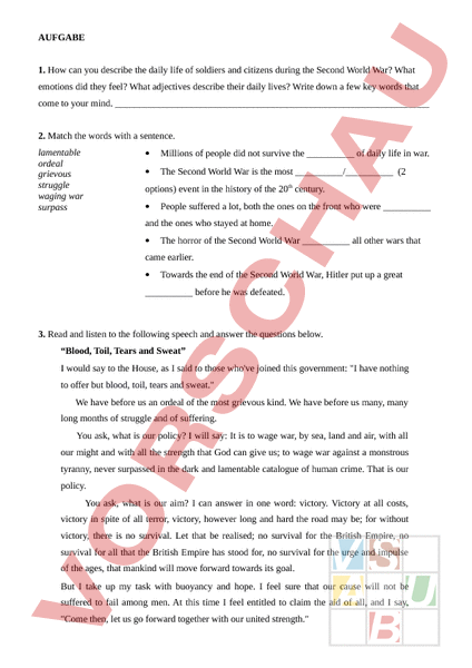 Arbeitsblatt: Churchill Blood, toil, tears and sweat 1940 - Geschichte ...