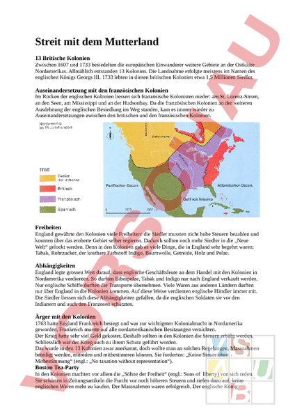 Arbeitsblatt: 13 Britische Kolonien - Geschichte - Neuzeit