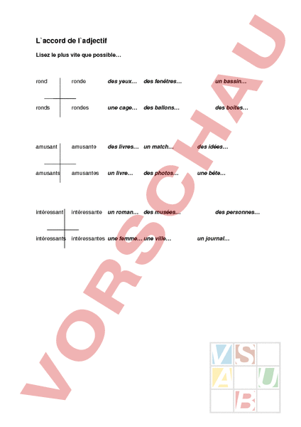 Arbeitsblatt: L`accord de l`adjectif - Französisch - Grammatik