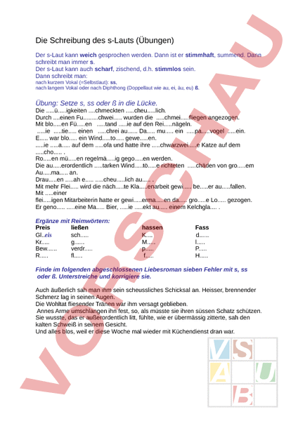Arbeitsblatt: Die Schreibung des S-Lautes (Übung) - Deutsch - Grammatik