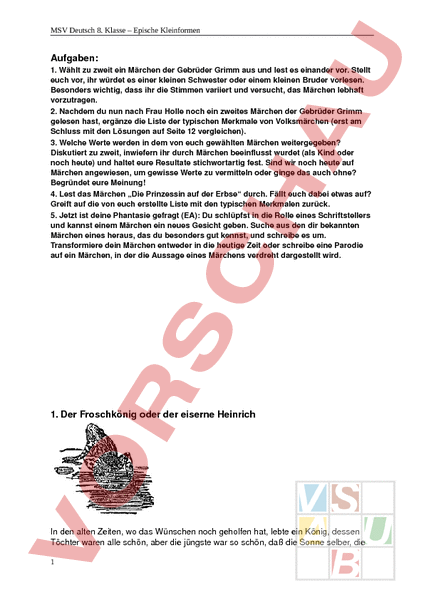 Arbeitsblatt: Epische Kleinformen - Deutsch - Leseförderung / Literatur