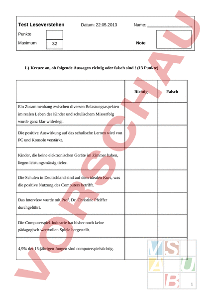 Arbeitsblatt: Test Leseverstehen - Deutsch - Textverständnis