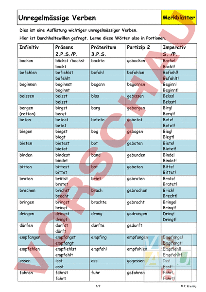 Arbeitsblatt: Verbenliste - Deutsch - Grammatik