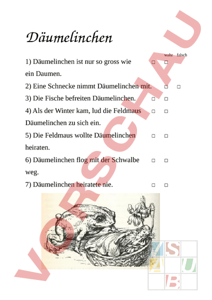 Arbeitsblatt: Däumelinchen - Deutsch - Gemischte Themen
