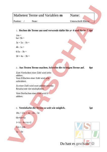Arbeitsblatt: Mathetest Variable - Mathematik - Algebra