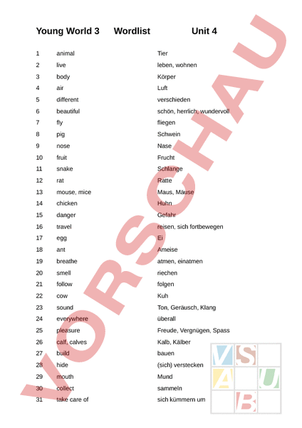 Arbeitsblatt: YW 3 Unit 4 Wordlist - Englisch - Wortschatz