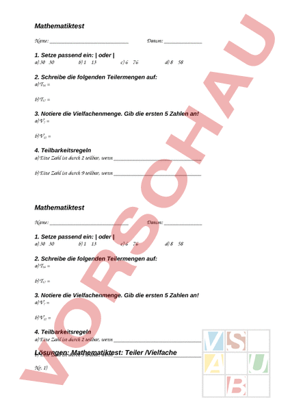 Arbeitsblatt: Kurztest Teiler Vielfache - Mathematik - Brüche ...