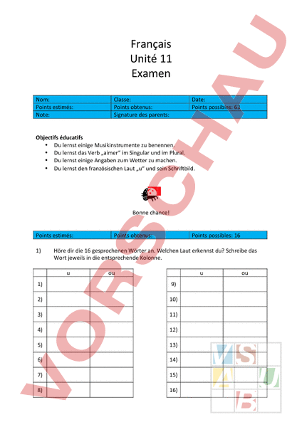 Arbeitsblatt: Unité 11 - Französisch - Gemischte Themen