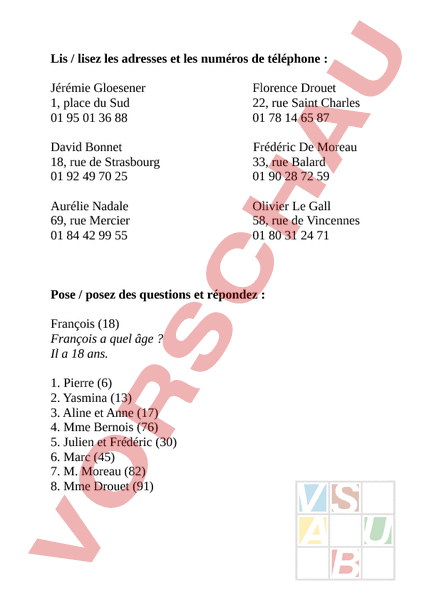 Arbeitsblatt: Lis les numéros de téléphone - Französisch - Lesen ...