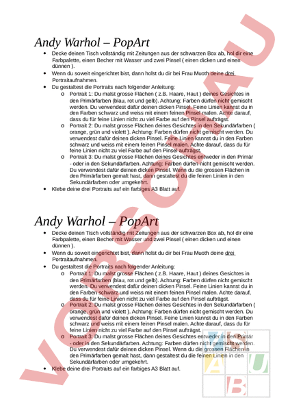 Arbeitsblatt: Pop-Art Andy Warhol - Bildnerisches Gestalten - Gemischte ...