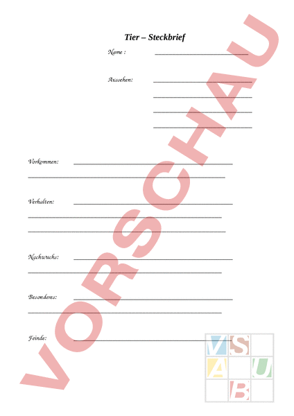 Arbeitsblatt: Tier-Steckbrief - Biologie - Tiere