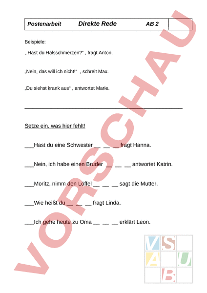 Arbeitsblatt: Direkte Rede - Deutsch - Grammatik