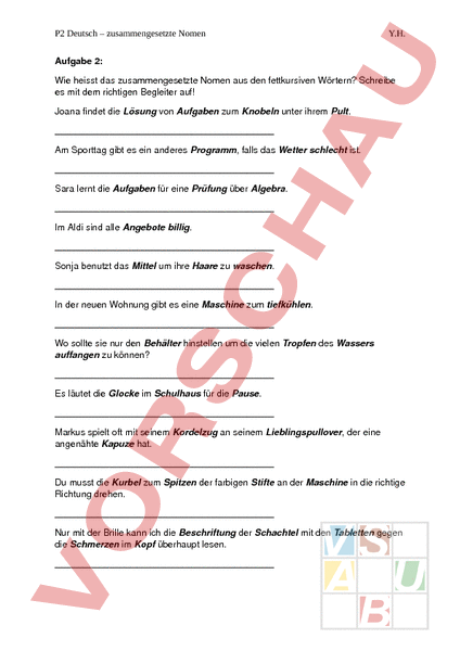 Arbeitsblatt: Zusammengesetzte Nomen - Deutsch - Grammatik