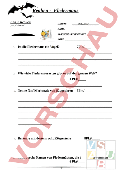 Arbeitsblatt: Fledermaus - Biologie - Tiere