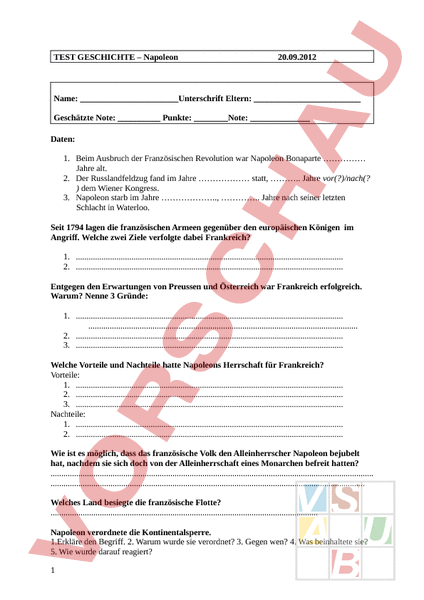 Arbeitsblatt: Test Napoleon - Geschichte - Neuzeit