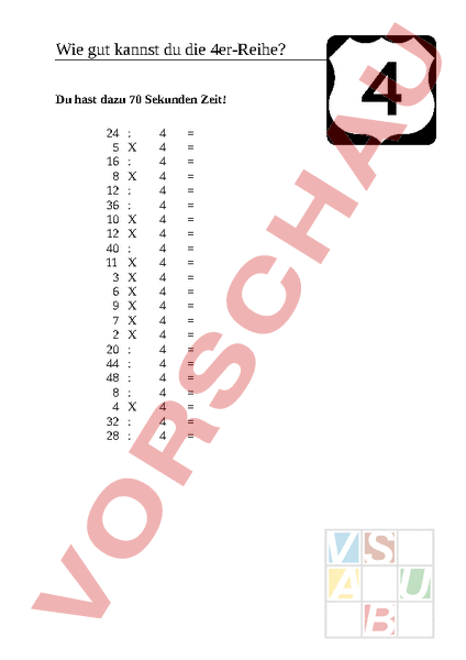 Arbeitsblatt: Wie gut kannst du die 4er Reihe? - Mathematik ...