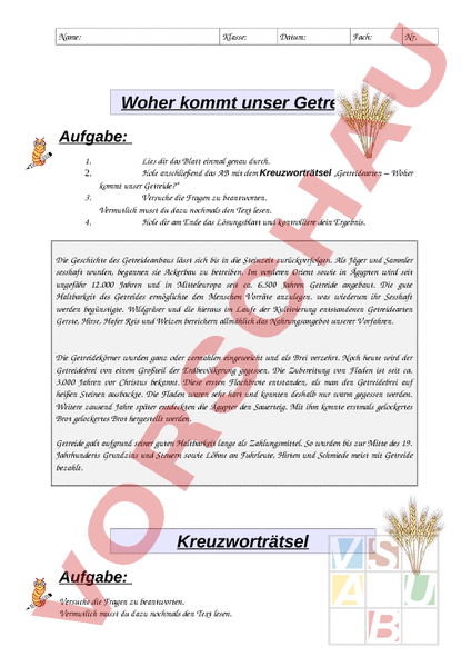 Arbeitsblatt: Getreide - Biologie - Pflanzen / Botanik
