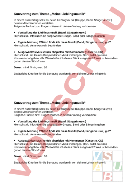Arbeitsblatt: Kurzvortrag Lieblingsmusik - Musik - Singen / Lieder