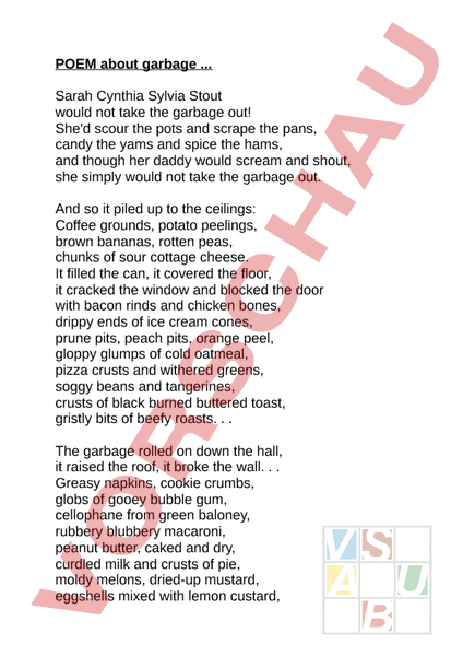 Arbeitsblatt: Poem about garbage - Englisch - Lesen / Literatur