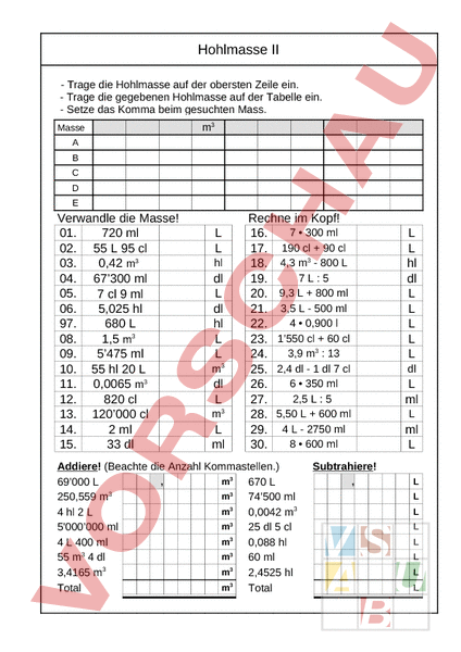 Arbeitsblatt: Hohlmasse II - Mathematik - Sachrechnen / Grössen