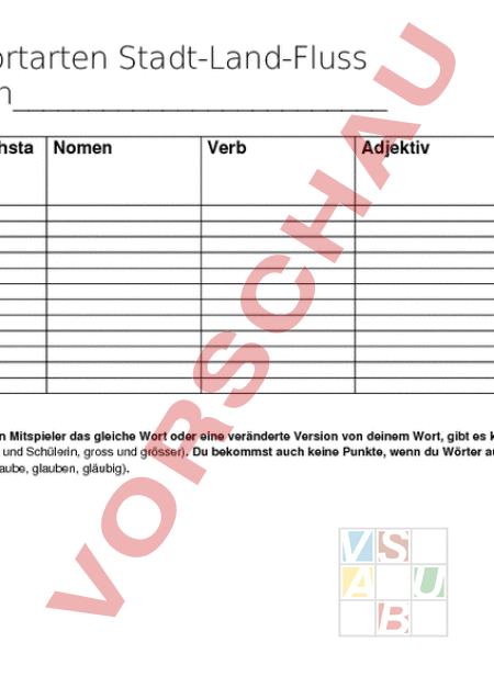 Arbeitsblatt: Wortarten-Stadt-Land-Fluss - Deutsch - Grammatik