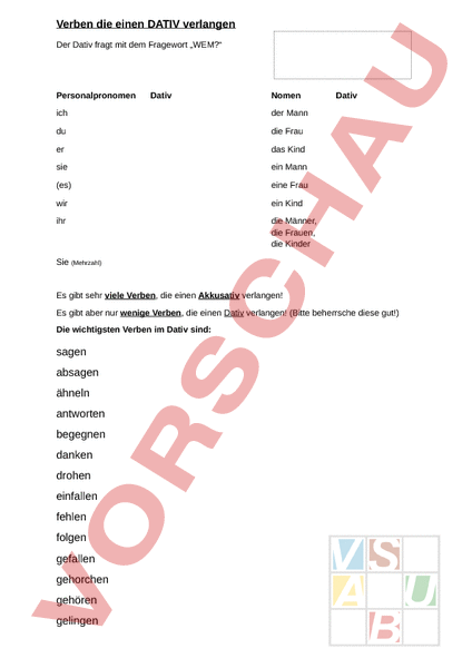 Arbeitsblatt: Verben mit Dativ - Deutsch - Grammatik