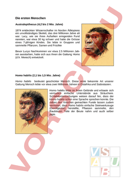 Arbeitsblatt: Erste Menschen - Geschichte - Urzeit