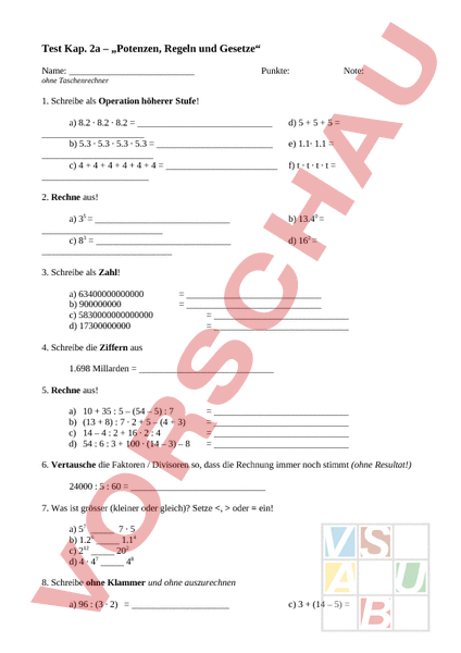 Arbeitsblatt: Test Kap. 2a Potenzen / Regeln und Gesetze - Mathematik ...