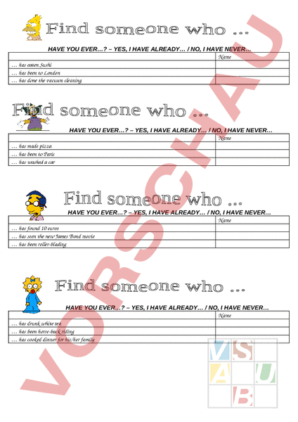 Arbeitsblatt: Present perfect - find someone who - Englisch - Grammatik