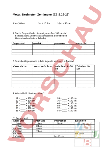 Arbeitsblatt: Meter, Dezimeter, Zentimeter - Mathematik - Sachrechnen ...
