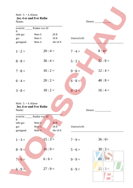 Arbeitsblatt: Test Reihen - Mathematik - Multiplikation