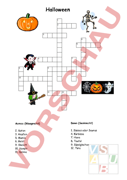 Arbeitsblatt: Kreuzworträtsel zu Halloween - Englisch - Wortschatz