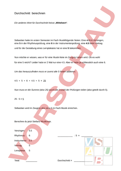 Arbeitsblatt: Durchschnitt berechnen Einführung - Mathematik ...
