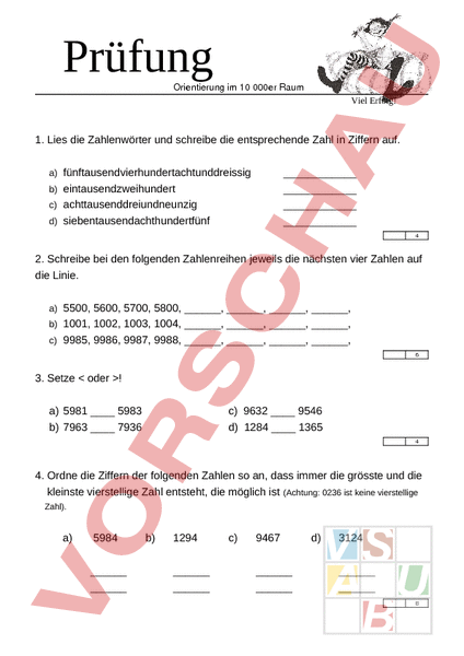 Arbeitsblatt: Mathe Test Zahlenraum 10 000 - Mathematik - Zahlenbereiche