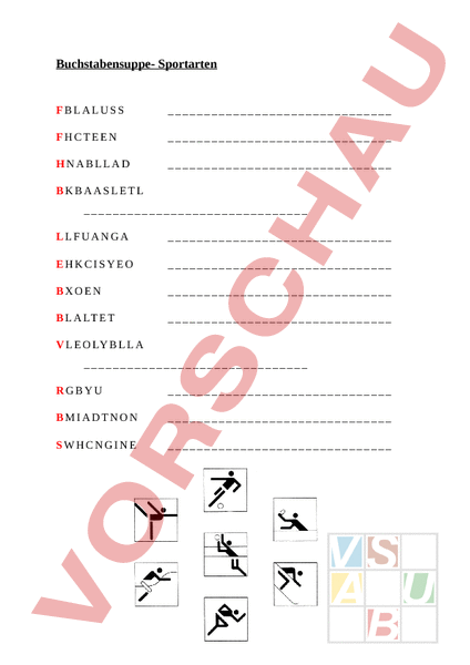 Arbeitsblatt: Buchstabensuppe-Sportarten - Deutsch - Grammatik